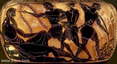 Odysseus and his men putting a burning stake into the eye of the ...
