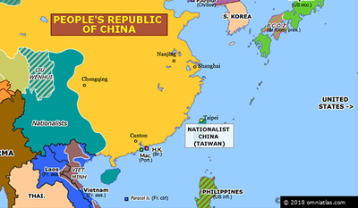 A map showing the division of China around 1949, including Taiwan.