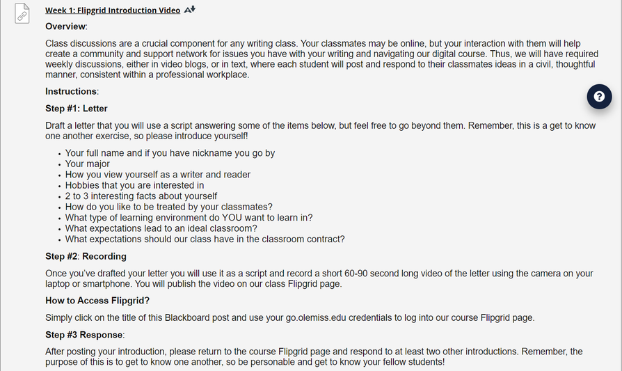 This is what a typical Flipgrid assignment looks like on Blackboard ...