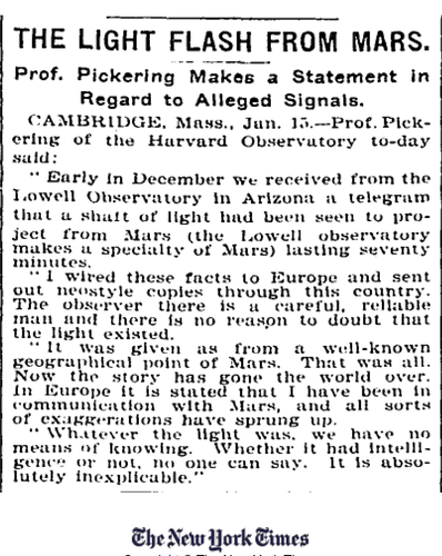 Claimed telegram from Mars. Published on New York Times.