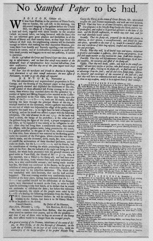 This is the news article announcing the suspension of the Stamp Act in 1765