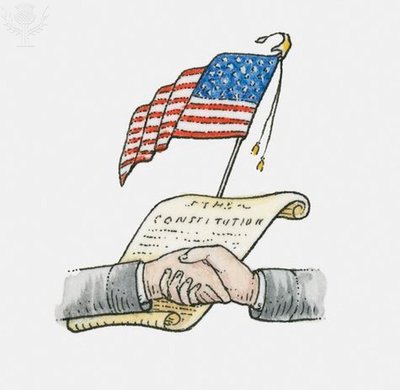 Illustration of handshake in front of US Constitution and American flag ...
