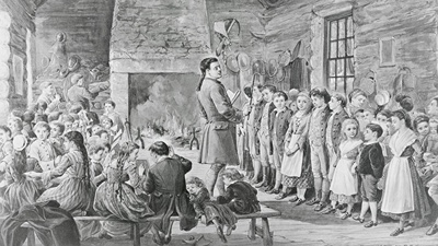School during 1700s with mixed ages in one room