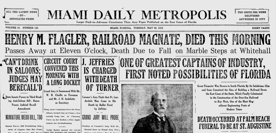 This year of 1913, Flagler somehow fell down a flight marble stairs at ...