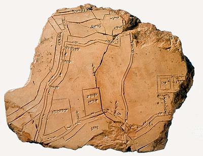 1400 B.C.E.: Clay tablet depicting the Babylonian city of Nippur.