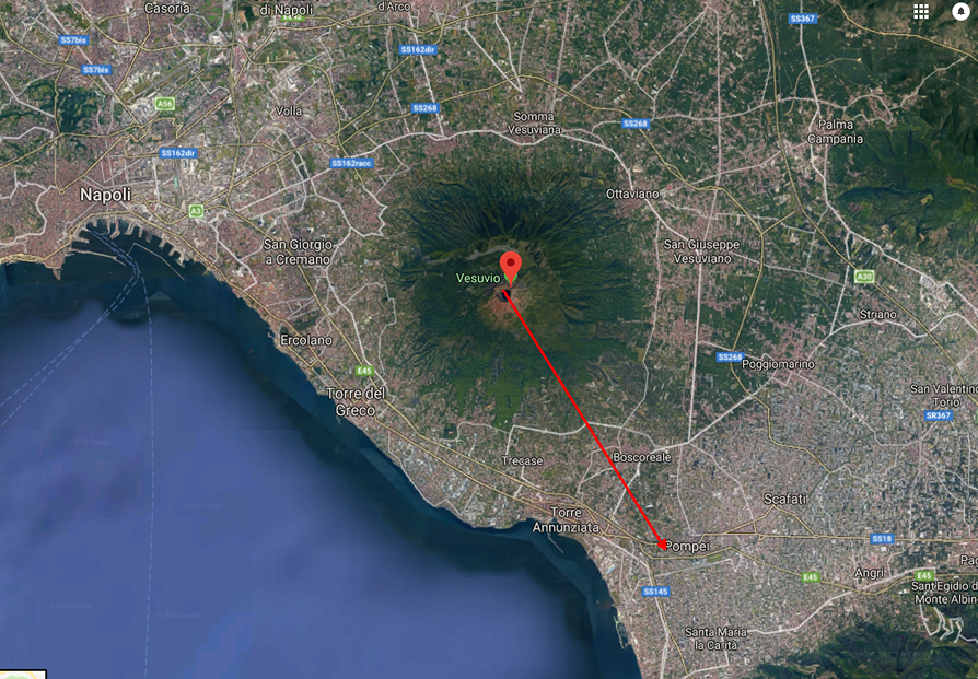 Visione google maps del Vesuvio, oggi. La freccia indica la distanza ...