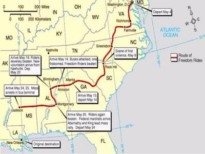 A Map showing the route the Freedom Riders took