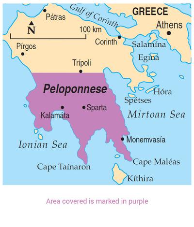 This is a map of Peloponnese, Sparta, Corinth, and Athens.