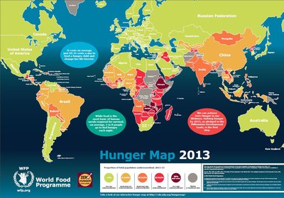 The image shows the major food wastes and hunger map around the world.