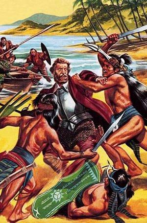 Ferdinand Magellan fighting in battle in the Philippines