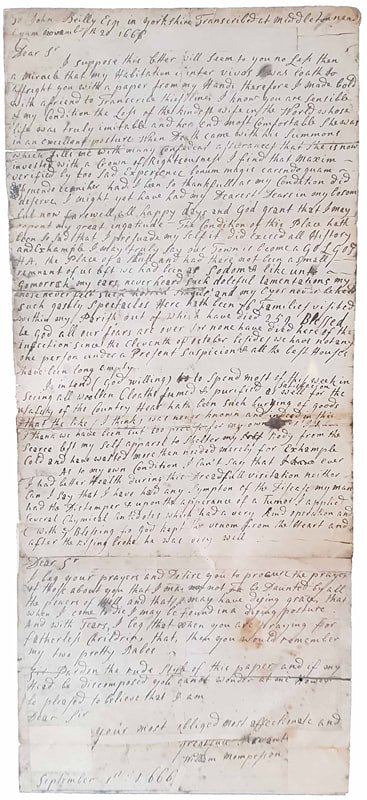 Segment of a letter written by William Mompesson in Sept of 1666 Photo ...