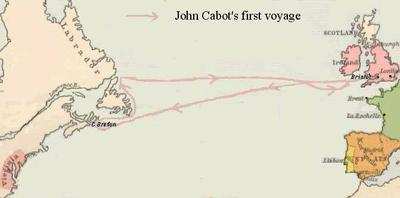 A depiction showing the general route of John Cabot's first voyage.