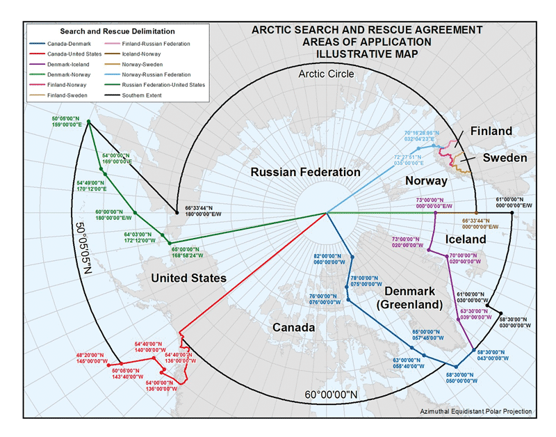 Map of the Arctic search and rescue areas, as agreed in the treaty of 2011