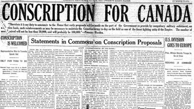 A newspaper announcing the introduction of conscription for Canada