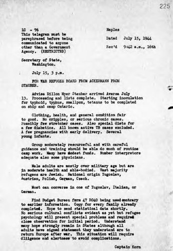 Leonard Ackermann, Telegram (LC-76) from Korn and Stauber in Naples to ...