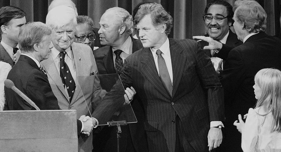 Ted Kennedy and Jimmy Carter handshake before Democratic Convention.