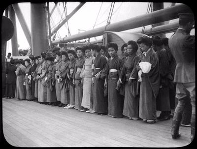 Chinese people immigrating to the United States through the Angel Island.