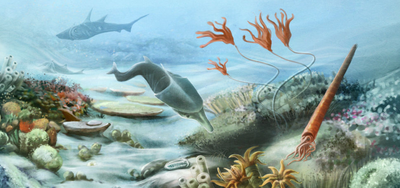 54 Billion Years Ago -- The ocean exploads with life. Plants scattered ...