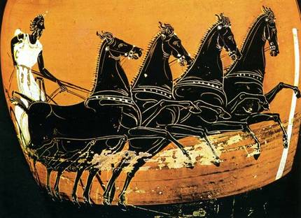 Four-horse chariot at the turning point. Amphora (420-400 BC), unknown ...