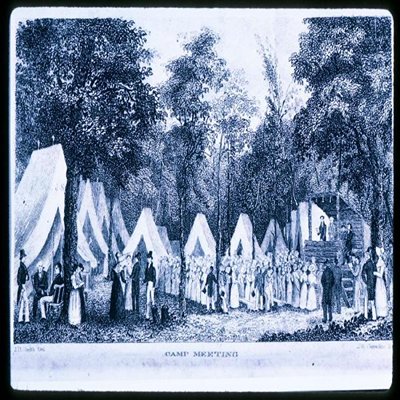 An 1834 illustration of a camp meeting, depicting the religious ...