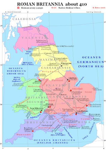 Roman occupied Britain. British tribes are highlighted (red).