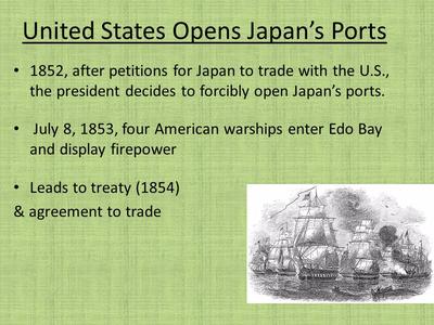 U.S. became first power to open Japan to foreign trade. July 8, 1853