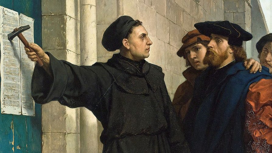 An image showing Martin Luther explaining his 95 Theses idea to people ...