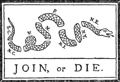 Cartoon that appeared in Benjamin Franklin's Pennsylvania Gazette in 1754