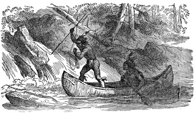 Image showing Cherokee men using their canoes for fishing.