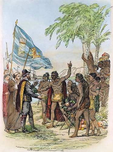 Illustration of Columbus setting land on Cuba, and greeting the ...