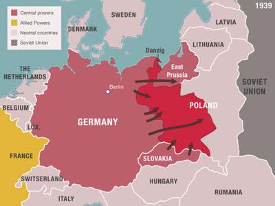 A map showing the German invasion of Poland on September 1, 1939.