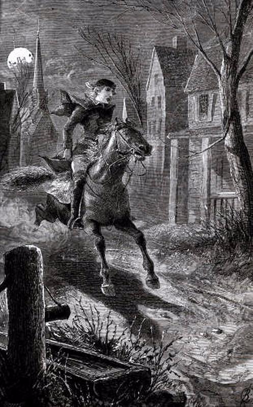 This image shows Paul Revere frantically running through the streets ...