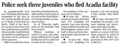 Dec. 2018 – Three teenagers escape from facility on -10 degree night.