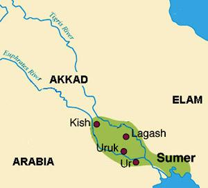 The Sumerians lived in Mesopotamia between the Tigris and Euphrates rivers.