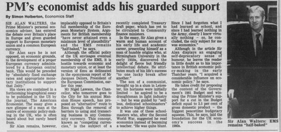18 November 1989 - In the FT Sir Alan Walters, Thatcher's personal ...
