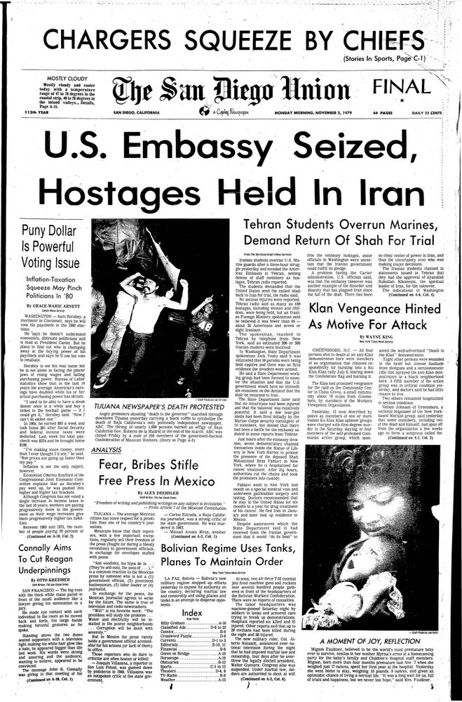 Newspaper headline covering the seizure of the U.S. Embassy by Iranian ...