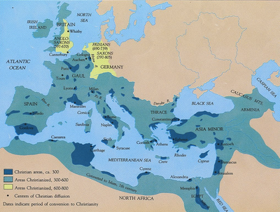 Map showing the spread of Christianity in the early years.