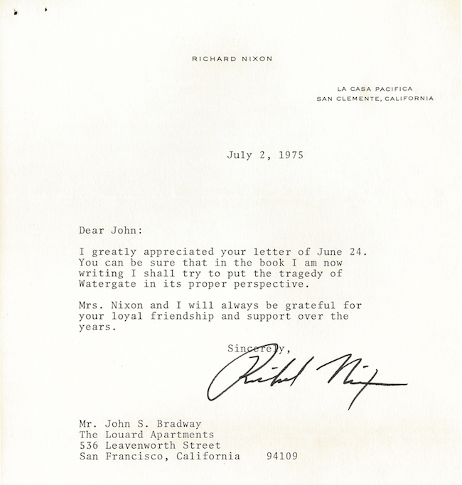 July 2, 1975 — Nixon writes Bradway to assure him he will be writing ...