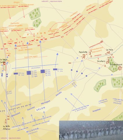 Carte décrivant l'attaque des colonnes d'infanterie française du Comte ...