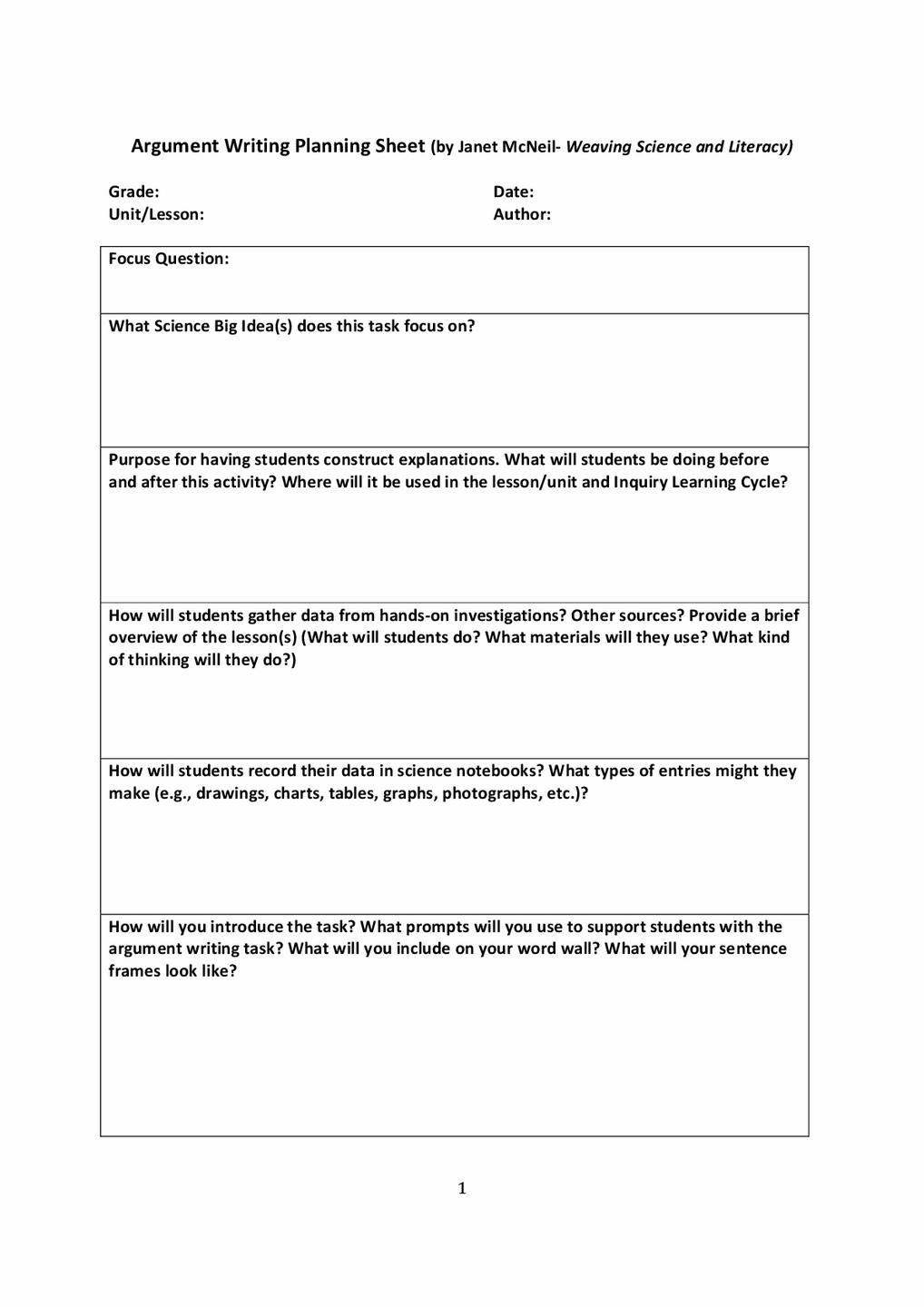 1. THE ARGUMENT WRITING PLANNING SHEET