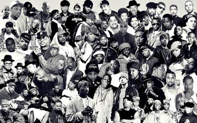 Shown is a photo of many famous Hip hop artists.