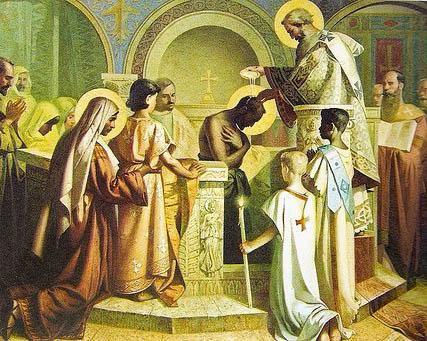 Augustine being baptized by Saint Ambrose a year after converting to ...