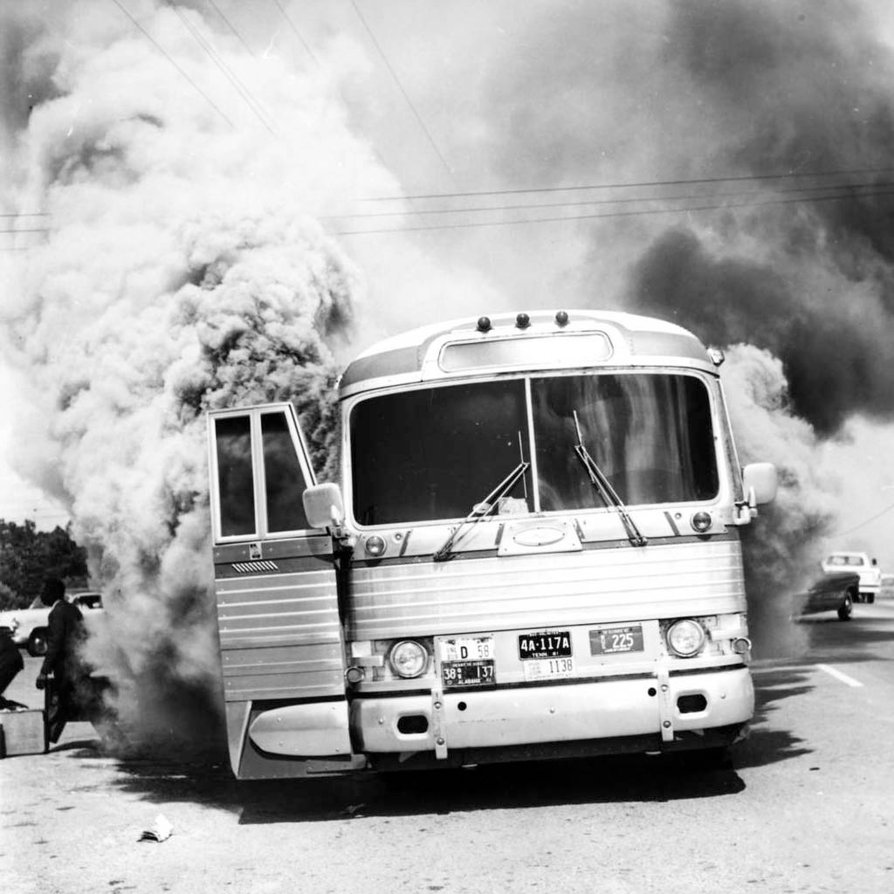 Aftermath of mod attack on Freedom Riders traveling by bus, Anniston ...