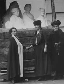 Adelaide Johnson (left), Dora Lewis, and Jane Addams at the dedication ...