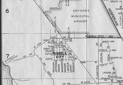 Paper map with the location of Russell City.