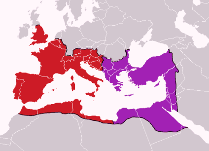 A map of the two Roman Empires in 395 AD superimposed on a modern ...