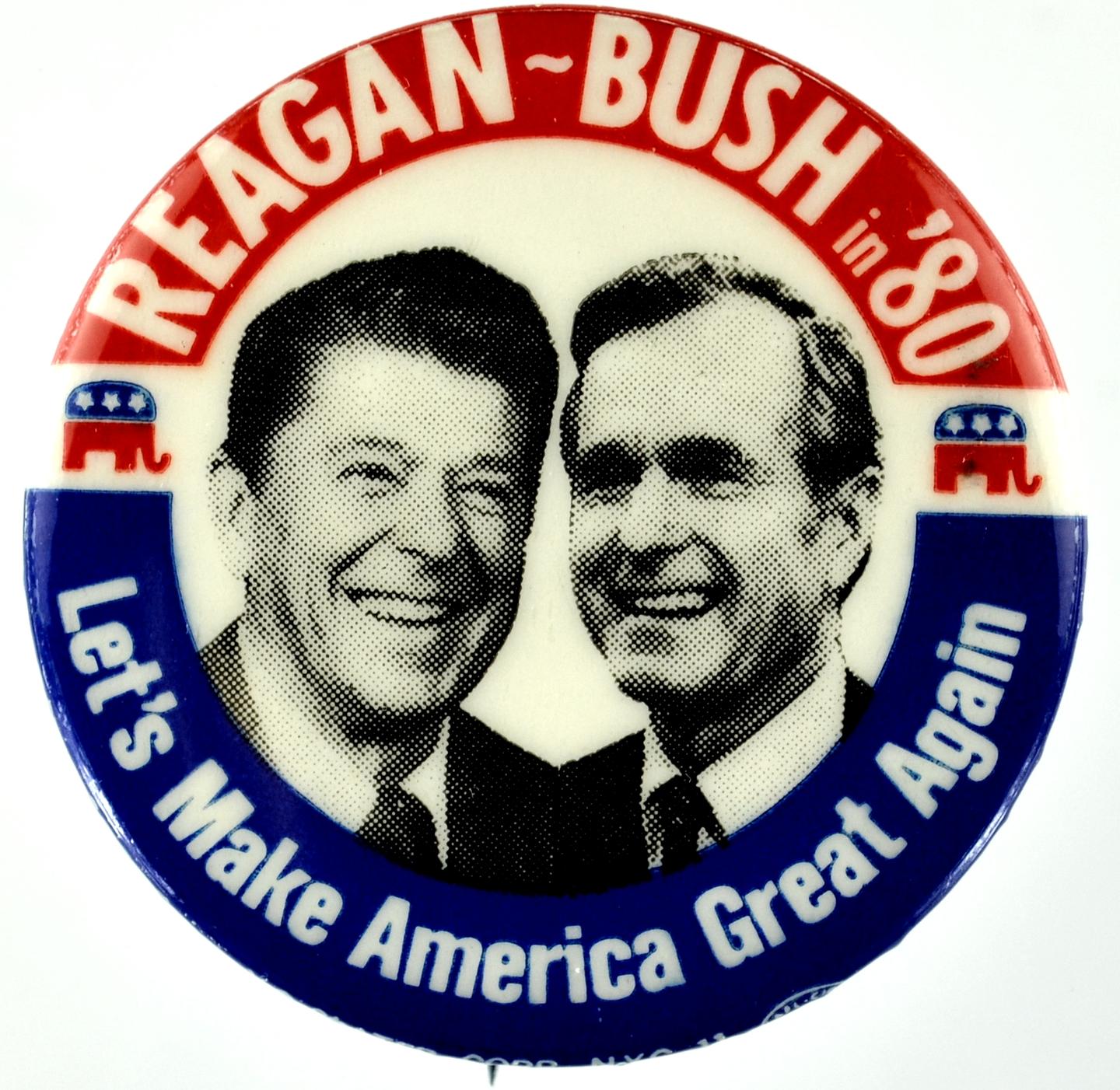 A Reagan and Bush campaign button.