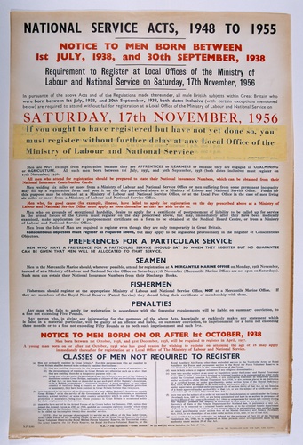 Poster: 'National Service Acts, 1948 to 1955. Notice to men born ...