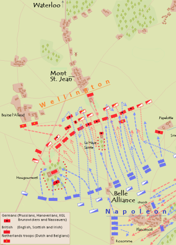 Map of the Battle of Waterloo, focused on the centre where the French ...