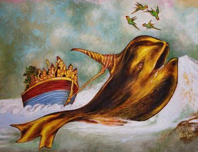 A picture of Matsya the fish pulling Manu's boat.